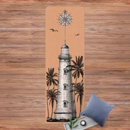 Bilderwelten Yogamatte Kork Illustration schwarz Strand Sportmatte - Nautik Leuchtturm mit Kompassrose - Palme rutschfest