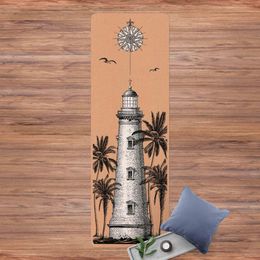 Bilderwelten Yogamatte Kork Illustration schwarz Strand Sportmatte - Nautik Leuchtturm mit Kompassrose - Palme rutschfest