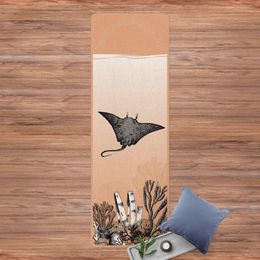 Bilderwelten Yogamatte Kork Illustration schwarz Strand Sportmatte - Meeresillusion Mantarochen - Unterwasser rutschfest