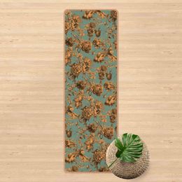 Bilderwelten Yogamatte Kork Vintage gr&uuml;n Blumen Sportmatte - Floraler Kupferstich Goldblau - Retro rutschfest
