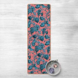 Bilderwelten Yogamatte Kork Vintage t&uuml;rkis Blumen Sportmatte - Floraler Kupferstich Blaukoralle - Retro rutschfest