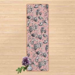Bilderwelten Yogamatte Kork Vintage rosa Blumen Sportmatte - Floraler Kupferstich Graurosa - Retro rutschfest