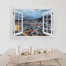 Bilderwelten Wandtattoo Stadt modern 3D-Effekt Wandaufkleber - Offenes Fenster Verschneites Salzburg - Skylines Wohnzimmer Schlafzimmer