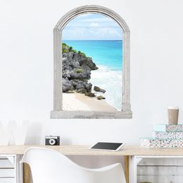 Bilderwelten Wandtattoo Strand modern 3D-Effekt Wandaufkleber - Steinbogen Karibikk&uuml;ste Tulum Ruinen - Meerblick Wohnzimmer Schlafzimmer