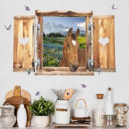 Bilderwelten Wandtattoo Blumen modern 3D-Effekt Wandaufkleber - Fenster mit Herz und Pferd Bergwiese mit Blumen - Blumenwiese Wohnzimmer Schlafzimmer
