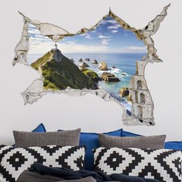 Bilderwelten Wandtattoo Strand Motiv 3D-Effekt blau - Nugget Point Leuchtturm und Meer Neuseeland - Leuchtturm Wohnzimmer Schlafzimmer