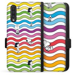 DeinDesign Galaxy A50 Handy Klapph&uuml;lle Handyh&uuml;lle aus Kunst Leder schwarz Flip Case Snoopy Muster Peanuts Sideflip mit Lasche