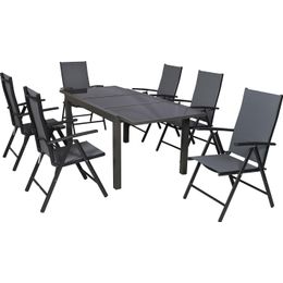 Garten-Essgruppe Merxx, B:57cm H:108cm T:65cmgrau, grau, graphit, Aluminium, Polyester, Sitzm&ouml;bel-Sets, "Amalfi", inkl. 6 Klappsessel, 1 Ausziehtisch