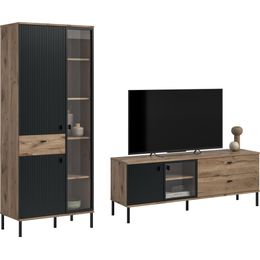Wohnwand Inosign, B:252cm H:198cm T:41cmnox oak nachbildung, schwarz tiefzieh, FSC-zertifizierter Holzwerkstoff, Wohnzimmer, Kastenm&ouml;bel-Sets,