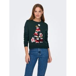 Only Damen Weihnachtspullover "ONLXMAS PENGUIN TREE LS O-NECK RP KNT"gr&uuml;n gables pattern:sequin penguins tree, Gr. S, bedruckt, Strick, Obermaterial: