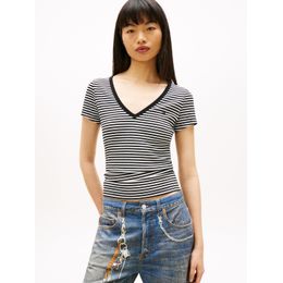 Kurzarmshirt Tommy Jeans "TJW SLIM ESSENTIAL RIB V SHORT SLEEVE", Damen, Gr. L (40), schwarz, ecru stripe, Feinripp, Obermaterial: 95% Baumwolle, 5% Elasthan, gestreift, slim fit kurz, tiefer V-Ausschnitt, abgesteppt, Shirts, mit gerippter Struktur, V-Ausschnitt, Slim Fit