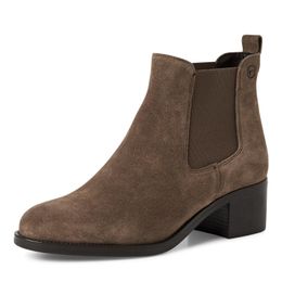 Chelseaboots Tamaris, Damen, Gr. 36, taupe, Elastischer Einsatz, Veloursleder, Veloursleder, unifarben mit Farbeinsatz, Schuhe Chelseaboots, Blockabsatz, Stiefelette, Businessschuh in schmaler Form