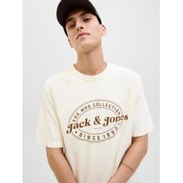 Jack & Jones JACK & JONES Herren Rundhalsshirt "JJEDOVER PRINT TEE SS CREW NECK", wei&szlig;, Gr. L, bedruckt, Single Jersey, Obermaterial: 100% Baumwolle, Shirts