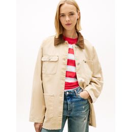Tommy Jeans Damen Langjacke "TJW OVS DISTRESSED CHORE JACKET"wei&szlig; clay, Gr. L, unifarben, Denim/Jeans, Obermaterial: 100% Baumwolle, Jacken, mit