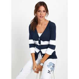 bonprix Damen Strickjacke, blau, Gr. 48, Obermaterial: 100% Baumwolle, Strickjacken, Slim fit Passform, mit Streifenmuster, eleganter Stil