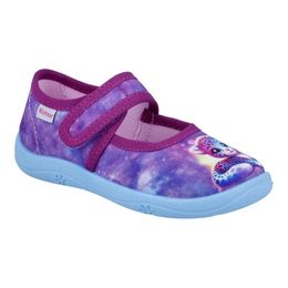 Richter M&auml;dchen Hausschuh "Mia", Gr. 25lila, multi mit katzenmotiv, Baumwolle, Schuhe, Kindergartenschuh, Klettschuh mit WMS, Gr&ouml;&szlig;eschablone zum