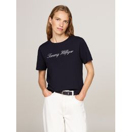 Tommy Hilfiger Damen T-Shirt "NOS SCRIPT REGULAR C-NK SHORT SLEEVE", blau, Gr. XS, unifarben, Jersey, Obermaterial: 100% Baumwolle, Shirts, mit