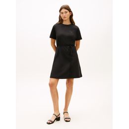 Tommy Hilfiger Damen Shirtkleid "INTERLOCK T-SHIRT SHORT SLEEVE DRESS"schwarz, Gr. M, unifarben, Jersey, Obermaterial: 100% Baumwolle, Kleider, mit