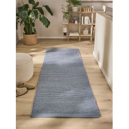 Wollteppich L&auml;ufer f&uuml;r Flur Rocco Blau 80x250 cm - Naturfaserteppich aus Wolle