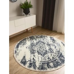 benuta Basic Teppich Suki Cream/Blau &oslash; 120 cm - Vintage-Stil Teppich im Used-Look