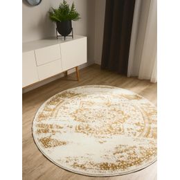 benuta Basic Teppich Suki Cream/Gelb &oslash; 120 cm - Vintage-Stil Teppich im Used-Look