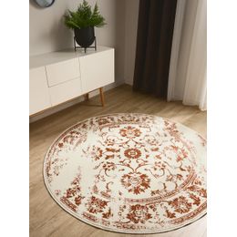 benuta Basic Teppich Suki Cream/Orange &oslash; 120 cm - Vintage-Stil Teppich im Used-Look