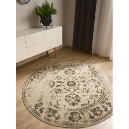 benuta Basic Teppich Suki Cream/Braun &oslash; 120 cm - Vintage-Stil Teppich im Used-Look