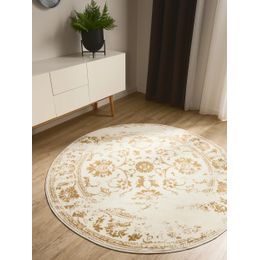benuta Basic Teppich Suki Cream/Gelb &oslash; 120 cm - Vintage-Stil Teppich im Used-Look