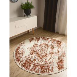 benuta Basic Teppich Suki Cream/Orange &oslash; 120 cm - Vintage-Stil Teppich im Used-Look
