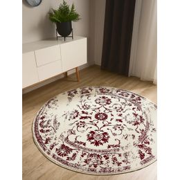 benuta Basic Teppich Suki Cream/Rot &oslash; 120 cm - Vintage-Stil Teppich im Used-Look