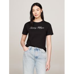 Tommy Hilfiger Damen T-Shirt "NOS SCRIPT REGULAR C-NK SHORT SLEEVE", schwarz, Gr. M, unifarben, Jersey, Obermaterial: 100% Baumwolle, Shirts, mit
