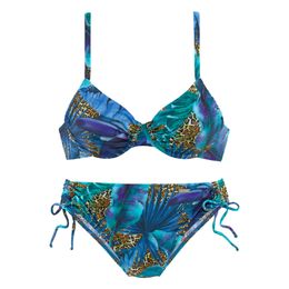 Lascana Damen B&uuml;gel-Bikini, blau, Gr. 44, bedruckt, Polyamid, Bikini-Sets, mit h&ouml;her geschnittener Hose