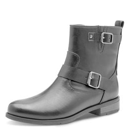 Marco Tozzi Damen Stiefelette, Gr. 37, schwarz, Lederimitat, unifarben, Schuhe, Blockabsatz, Bikerboots mit Zierschnalle und verstellbarer Schnalle