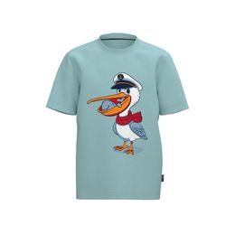 T-Shirt TRIGEMA "TRIGEMA T Shirt mit Pelikan Print", Jungen, Gr. 104, gletscher, Single Jersey, 100% Baumwolle, Rundhals, Shirts T-Shirt