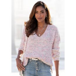 Buffalo Damen V-Ausschnitt-Pullover, rosa, Gr. 44, meliert, Strick, Obermaterial: 100% Polyester, Pullover, aus weichem Chenille, Strickpullover,