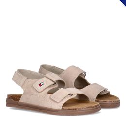 Tommy Hilfiger Damen Sandale, Gr. 32, beige, Leder, Schuhe, Barfu&szlig;schuh, Sommerschuh mit drei regulierbaren Klettverschl&uuml;ssen
