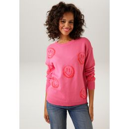 Aniston CASUAL Damen Strickpullover, pink, Gr. 36, gemustert, Feinstrick, Obermaterial: 100% Baumwolle, Pullover, mit eingestrickten Smileys