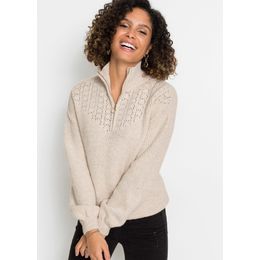 bonprix Damen Troyer, beige, Gr. 32, unifarben, Obermaterial: 86% Polyacryl, 8% Polyester, 6% Polyamid, Pullover, aus Ajourstrick, mit Stehkragen,