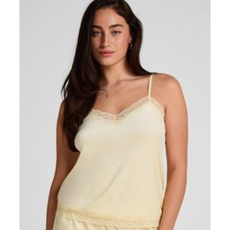 Hunkem&ouml;ller Pyjama HUNKEM&Ouml;LLER "Cami Top Velours Lace", Damen, Gr. L, gelb, 95% Polyester, 5% Elasthan, Homewear-Sets Pyjama