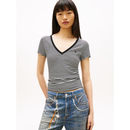 Tommy Jeans Damen Kurzarmshirt &raquo;TJW SLIM ESSENTIAL RIB V SHORT SLEEVE&laquo; mit gerippter Struktur, V-Ausschnitt, Slim Fit M (38)