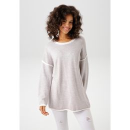 Aniston CASUAL Damen Strickpullover, grau, Gr. 44, meliert, Feinstrick, Obermaterial: 100% Polyacryl, Pullover, mit Fransen im R&uuml;cken