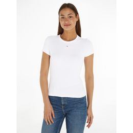 Tommy Jeans Damen Kurzarmshirt &raquo;TJW SLIM ESSENTIAL RIB SHORT SLEEVE EXT&laquo; Baumwollmischung in gerippter Struktur, Slim Fit wei&szlig; XL (42)