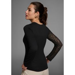 Melrose Damen Rundhalsshirtschwarz, Gr. 46, unifarben, Jersey, Obermaterial: 95% Viskose, 5% Elasthan. Spitze: 75% Polyamid, 25% Elasthan, Shirts,