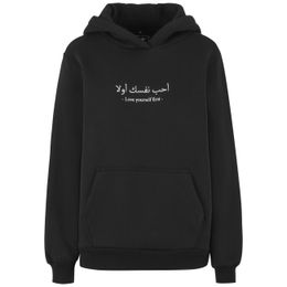 MISS TEE Damen Kapuzenpullover "Miss Tee Love Yourself First EMB Fluffy Hoody"schwarz, Gr. L, bedruckt, 100% Baumwolle, Pullover