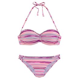 Venice Beach Damen B&uuml;gel-Bandeau-Bikini, rosa, Gr. 42, bedruckt, gestreift, Recycling-Polyamid, Bikini-Sets, mit H&auml;kelkanten