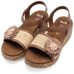 Ara Damen Keilsandalette "RIMINI", Gr. 37cognac, natur, Bast, Glattleder, Schuhe, Plateau, Riemchensandale, Sommerschuh mit sch&ouml;ner Bl&uuml;te, G-Weite
