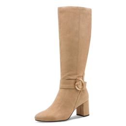 Marco Tozzi Damen Stiefel, Gr. 41beige, Textil, Veloursleder, unifarben, Schuhe, Blockabsatz, Businessstiefel, Langschaftstiefel mit Zierschnalle