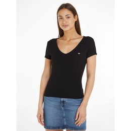 Tommy Jeans Damen Kurzarmshirt &raquo;TJW SLIM ESSENTIAL RIB V SHORT SLEEVE&laquo; mit gerippter Struktur, V-Ausschnitt, Slim Fit schwarz S (36)