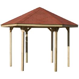 Pavillon Weka "656 Gr.1, inkl. roten Dachschindeln", braun (natur), B/H/T: 326cm x 376cm, Pavillons, 19 mm Massivholzdach