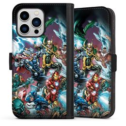 DeinDesign iPhone 13 Pro Handy Klapph&uuml;lle Handyh&uuml;lle aus Kunst Leder schwarz Flip Case Avengers Marvel Comic Sideflip mit Lasche